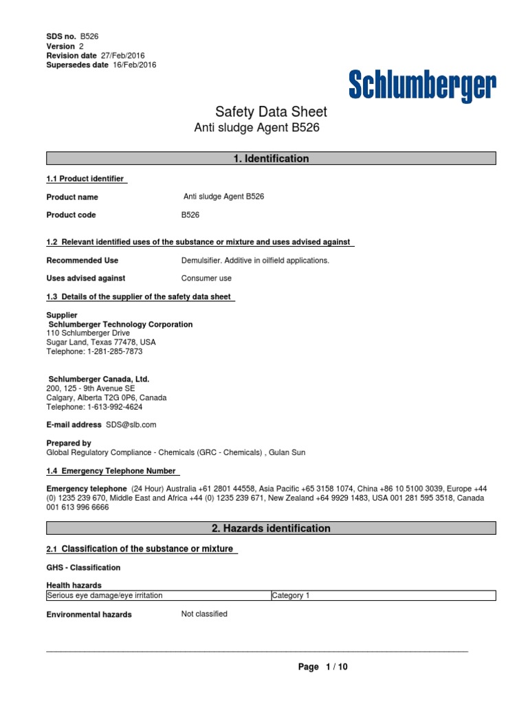 Safety Data Sheet: Anti Sludge Agent B526 | PDF | Personal Protective ...