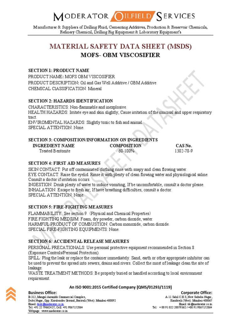 Safety Data Sheet for MOFS OBM Viscosifier: A Drilling Fluid Additive | PDF | Water | Personal ...