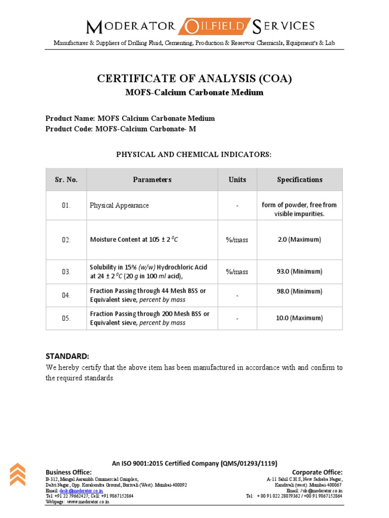 COA - MOFS - Calcium Carbonate Medium and Coarse | PDF | Physical ...