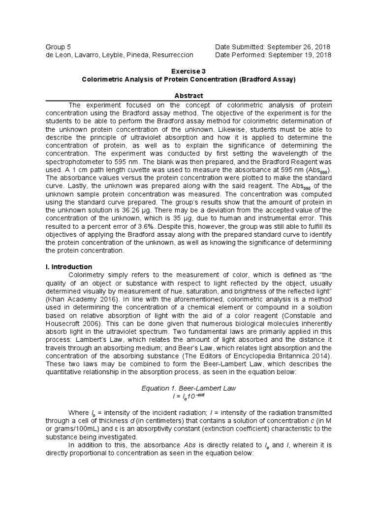 (BI140.1) Exercise 3. Colorimetric Analysis of Protein Concentration ...
