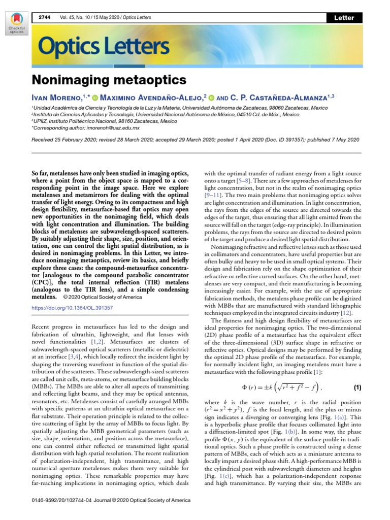 Nonimaging Metaoptics: Ivan Moreno, Maximino Avendaño-Alejo, C. P. Castañeda-Almanza | Download ...