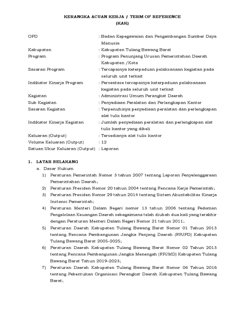 KAK Penyediaan ATK | PDF