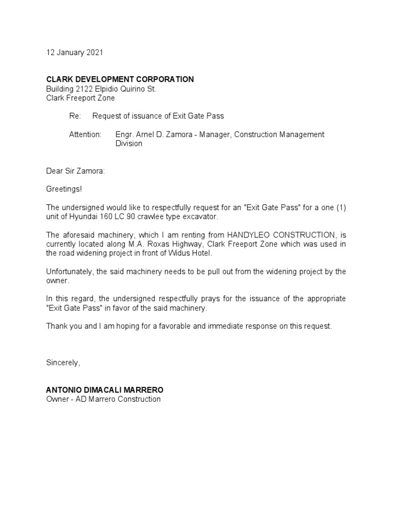 2021.01.12 - Letter - Request For Exit Gate Pass | PDF | Technology ...
