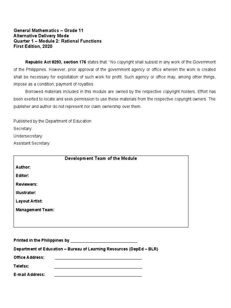 General Mathematics - Grade 11 Alternative Delivery Mode Quarter 1 - Module 2: Rational ...