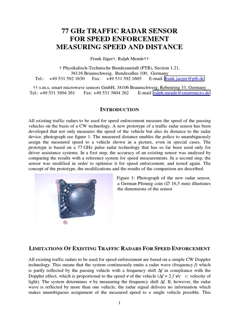 77 GHZ Traffic Radar Sensor For Speed Enforcement Measuring Speed and ...