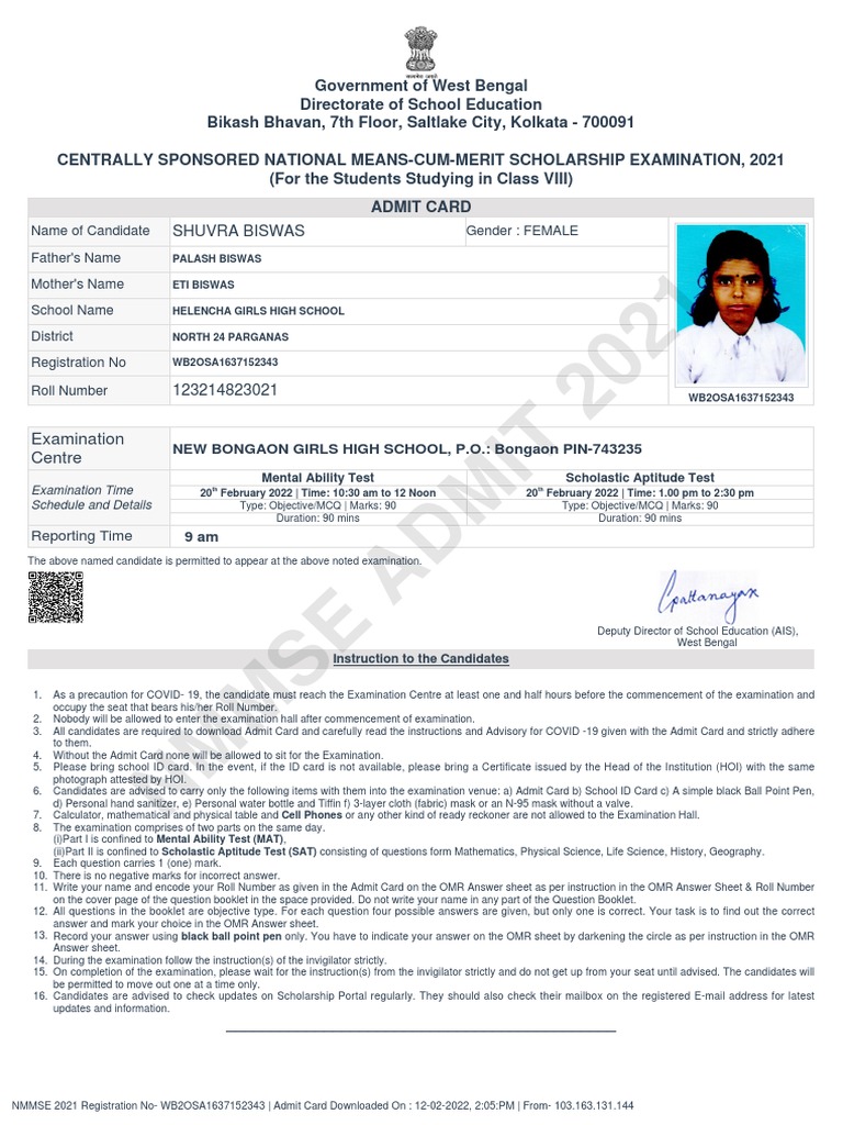 Nmmse 2021 Admit Wb2osa1637152343 | PDF | Test (Assessment) | Sat