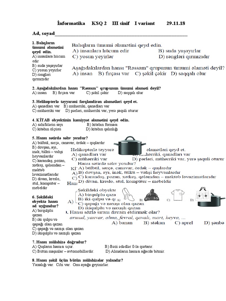 İnformatika KSQ 2 III Sinif I Variant 29.11.18 | PDF