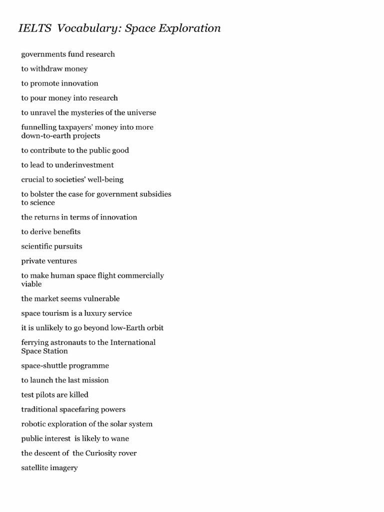 Space Exploration (Vocabulary For Ielts Writing Task 2) | PDF