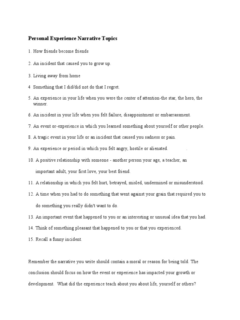 Personal Experience Narrative Topics | PDF | Lifestyle