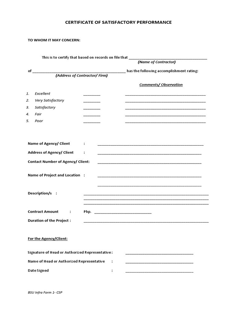 Certificate of Satisfactory Performance | PDF