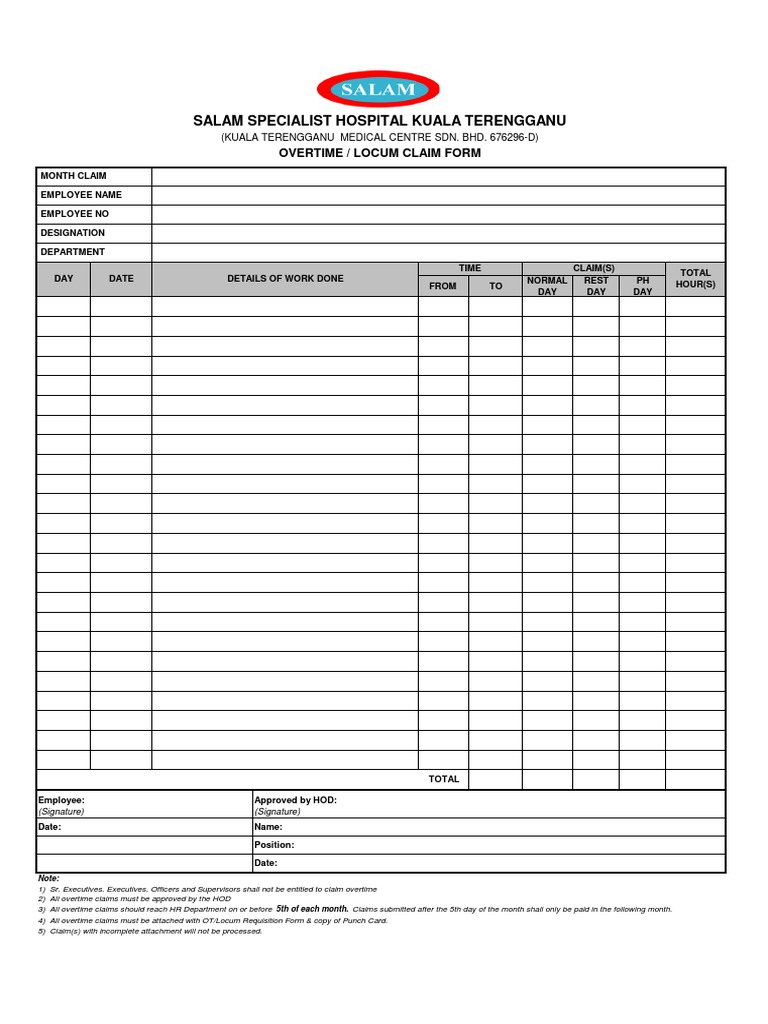 Overtime and Locum Claim Form Template | PDF
