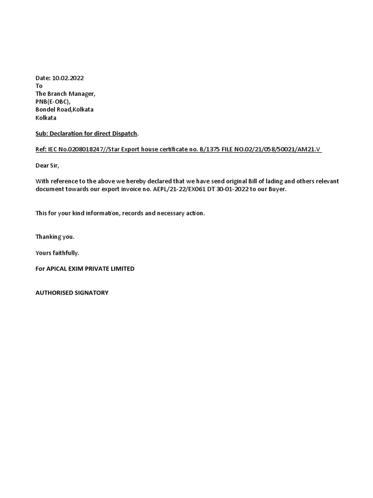 Direct Dispatch Declaration | PDF | Finance & Money Management