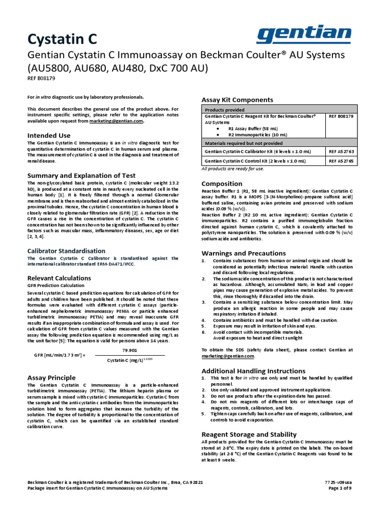B08179 IFU Gentian Cystatin C Reagent Kit AU Systems REF1103 7725 ...