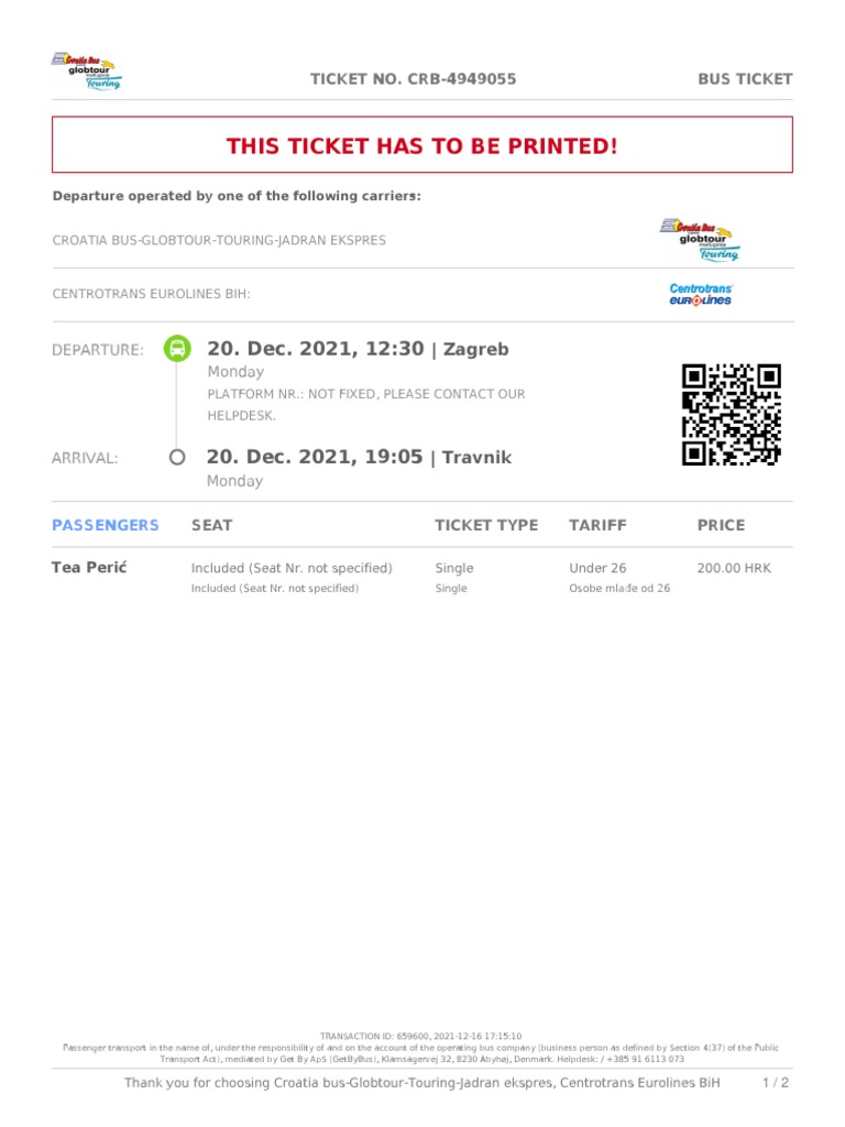 This Ticket Has To Be Printed!: TICKET NO. CRB-4949055 Bus Ticket | PDF ...
