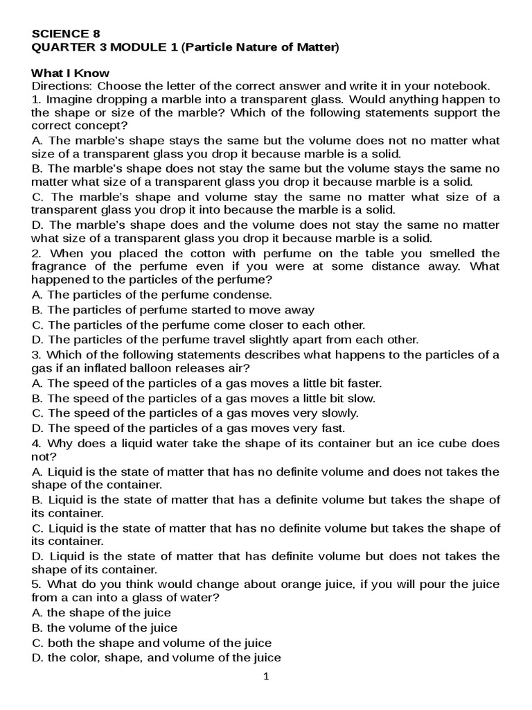 Quarter 3 Module 1 Particle Nature of Matter 1 | PDF | Liquids | Gases