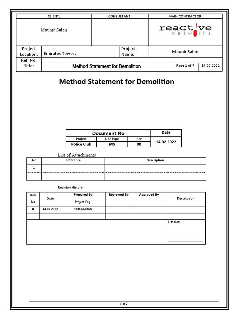 Method Statement For Demolition | PDF | Sanitation | Safety