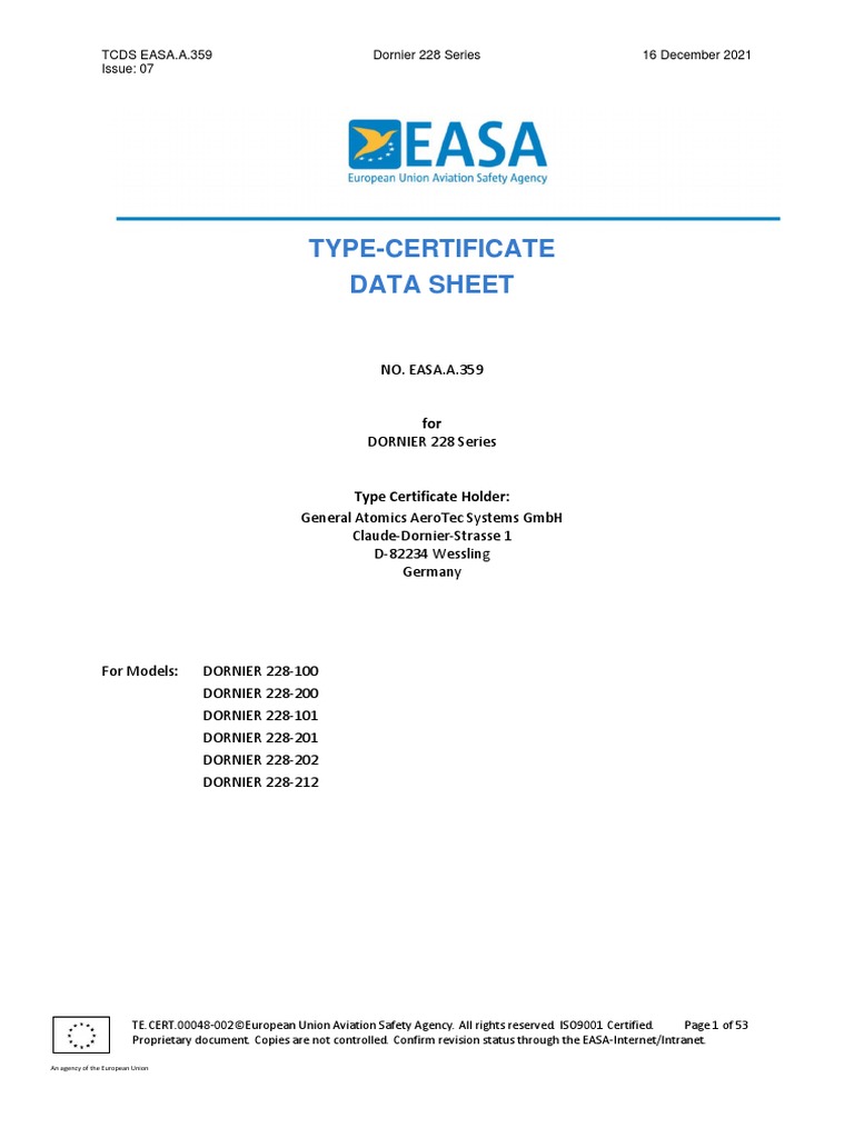 Tcds Easa A 359 Dornier 228 Issue 7 | PDF | Aviation | Aircraft Tcds Easa A 359 Dornier 228 Issue 7 | PDF | Aviation | Aircraft