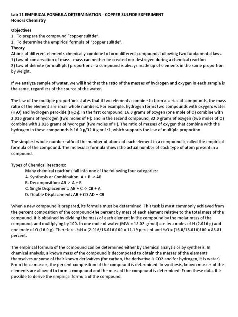 Lab 11 Empirical Formula Determination Copper Sulfide Experiment | PDF ...