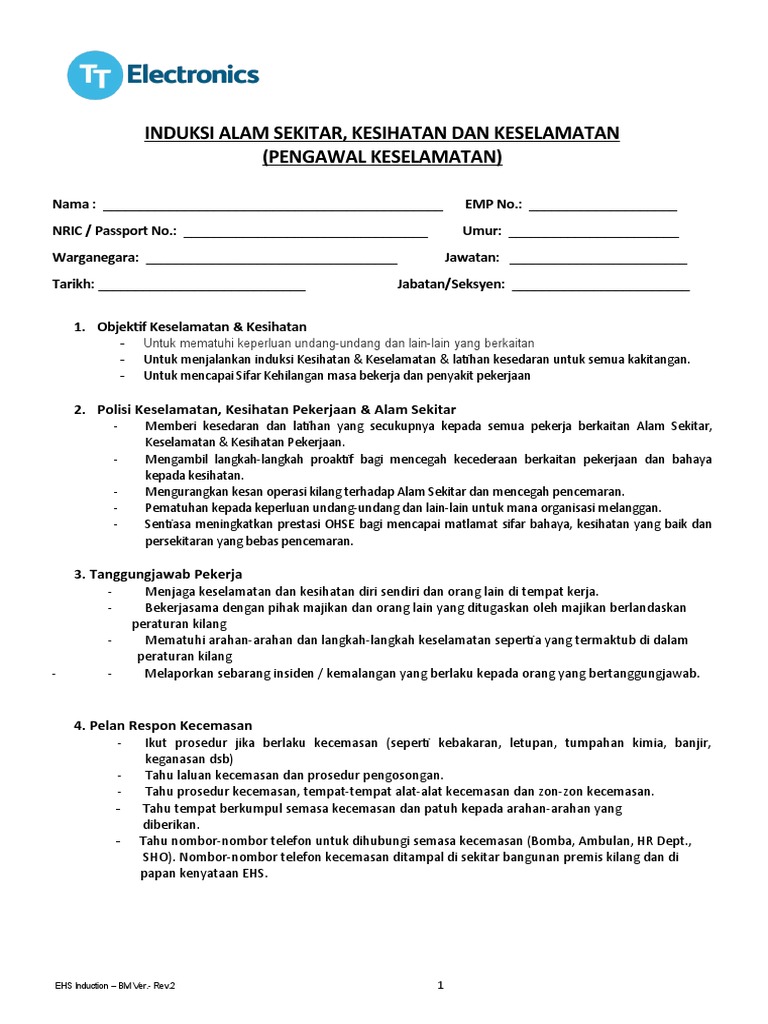 EHS Induction Form Security Guard (BM) Rev3-Jun 2017 | PDF