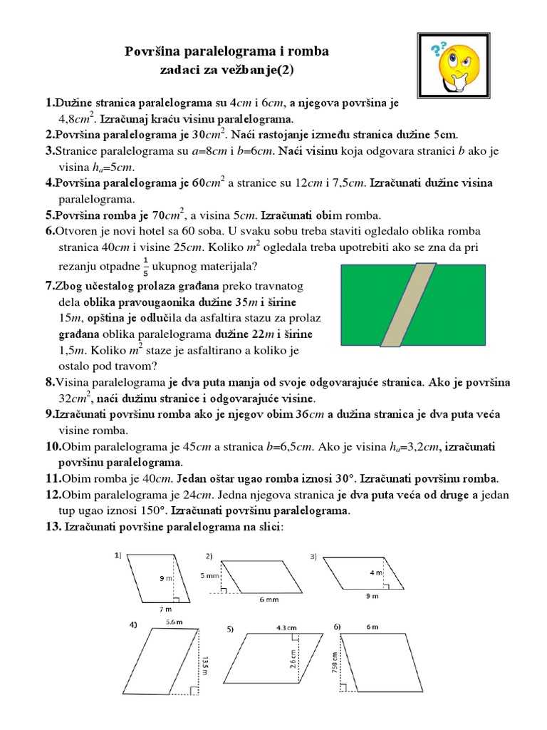 6razr Povrsina Paralelograma I Romba Zadaci Za Vezbanje 2 | PDF