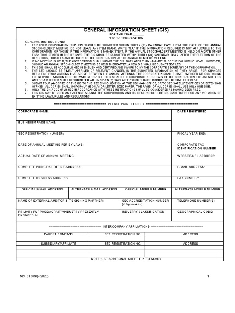 General Information Sheet (Gis) : Stock Corporation | PDF | Securities ...