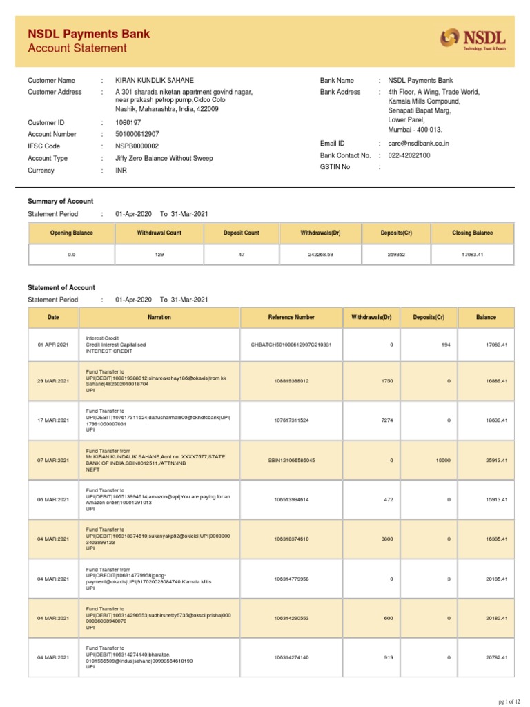 Account Statement: NSDL Payments Bank | PDF | Banks | Payments
