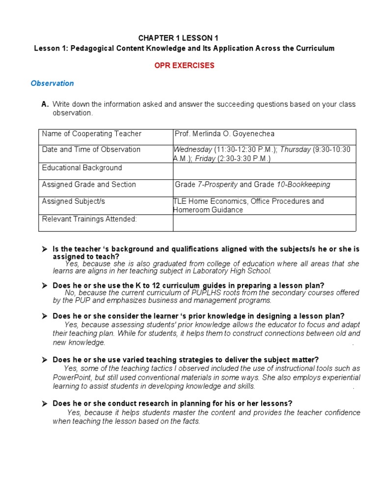 Observation: Chapter 1 Lesson 1 Lesson 1: Pedagogical Content Knowledge ...