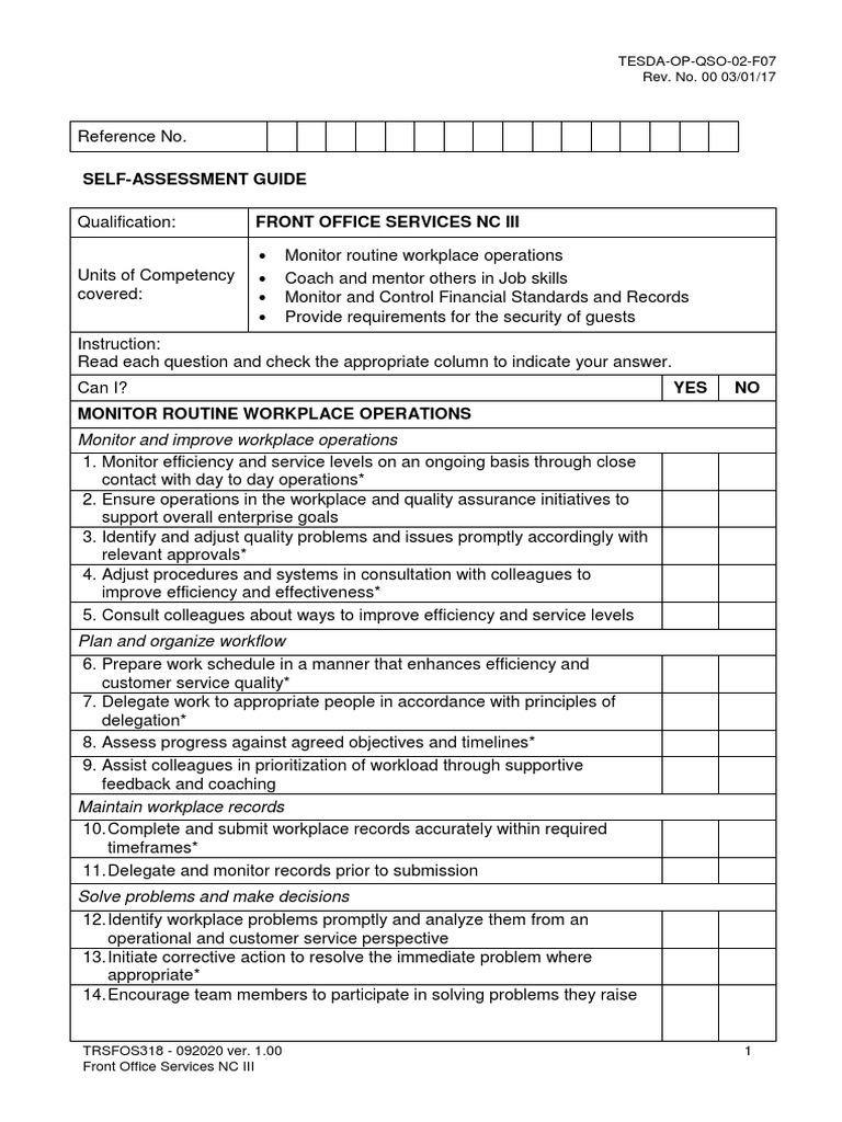 Front Office Services NC III Guide | PDF | Mentorship | Evaluation