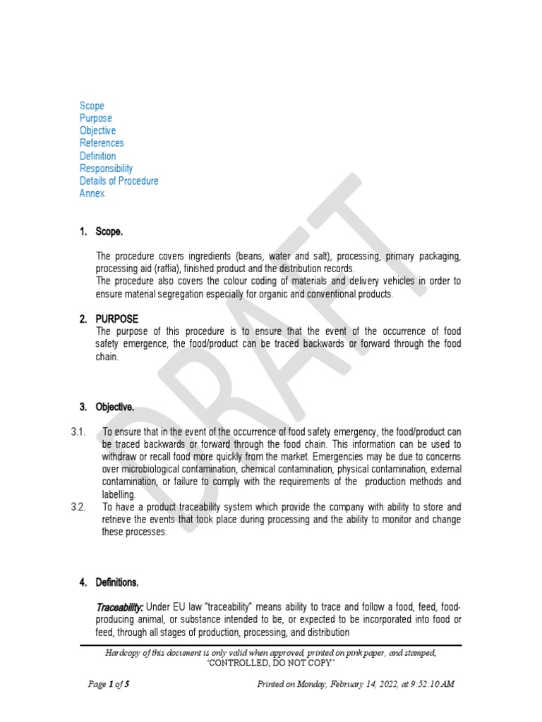 Scope Purpose Objective References Responsibility Details of Procedure ...