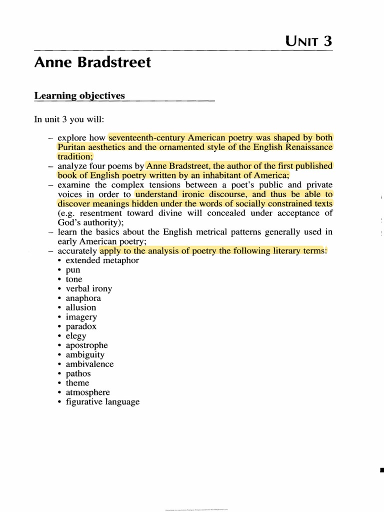 Anne Bradstreet: Poetry Analysis Guide | PDF | Metre (Poetry) | Poetry