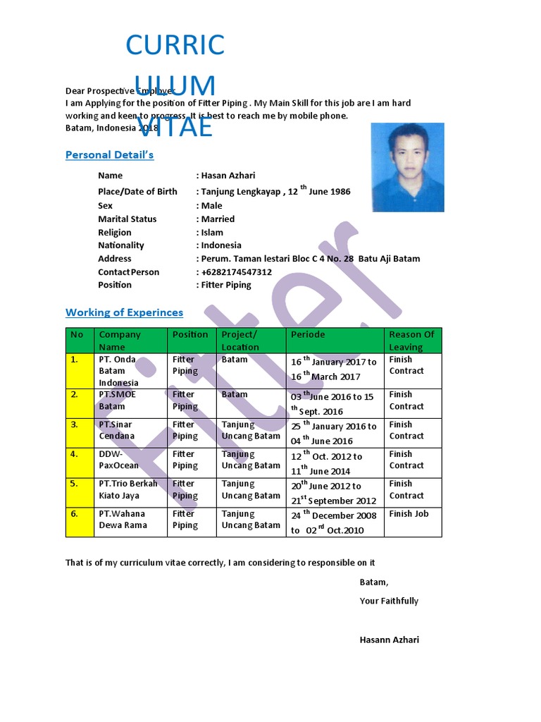 CV Fitter Hasan Azhari | PDF