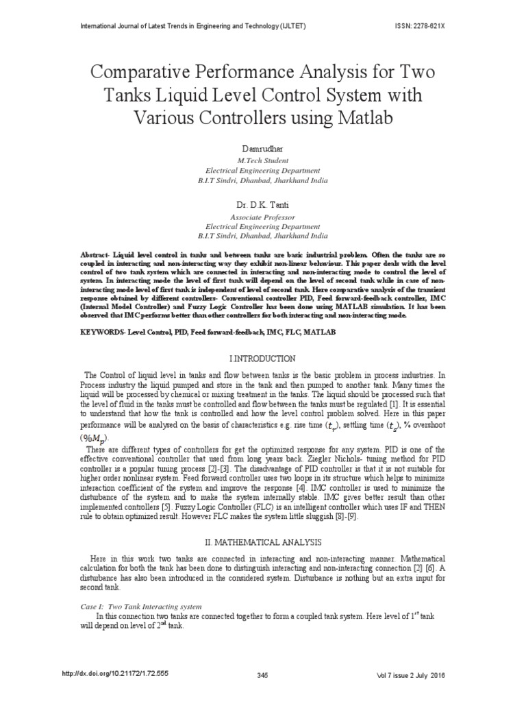 Comparative Performance Analysis For Two Tanks Liquid Level Control System With Various ...