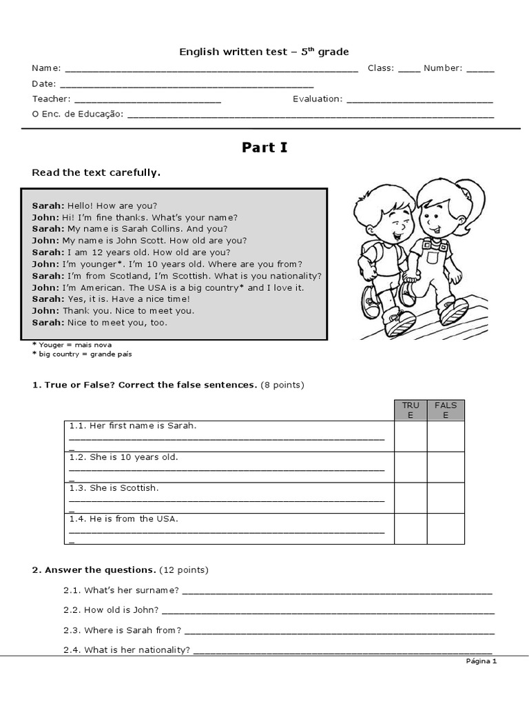 English Written Test - 5 Grade: Youger Mais Nova Big Country Grande ...