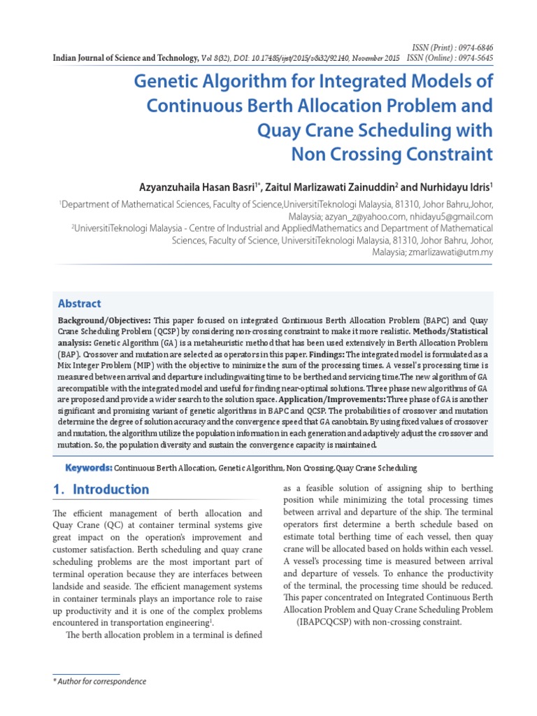 Genetic Algorithm For Integrated Models Of Continuous Berth Allocation Problem And Quay Crane