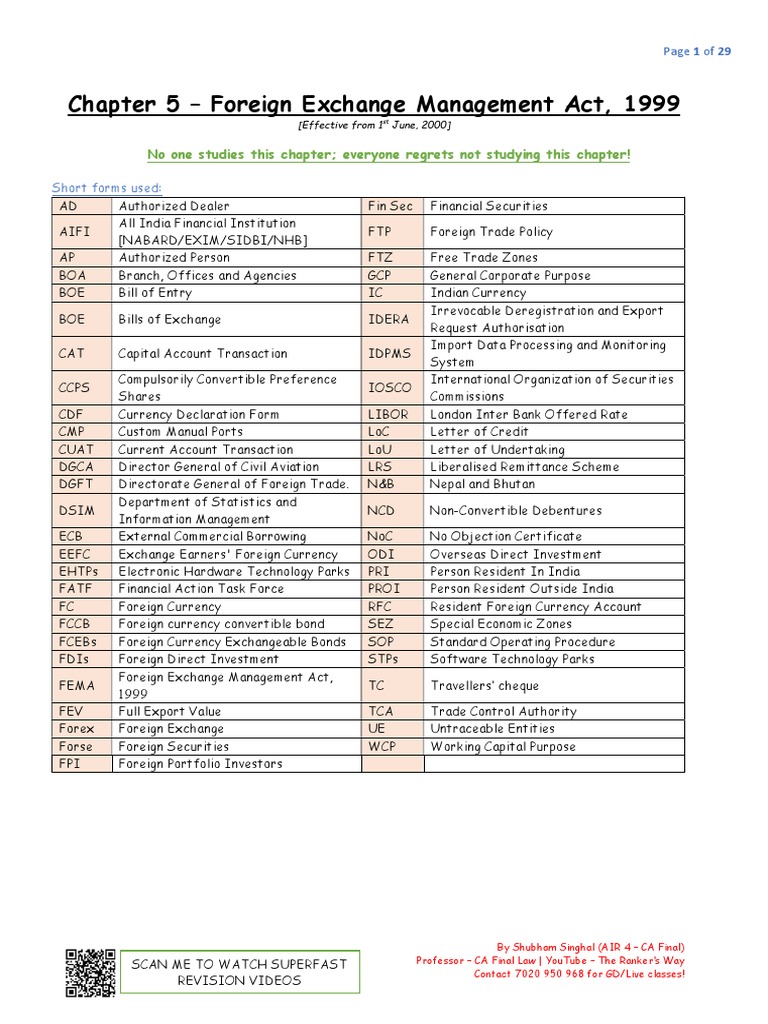 FEMA - Summary Notes | PDF | Reserve Bank Of India | Money