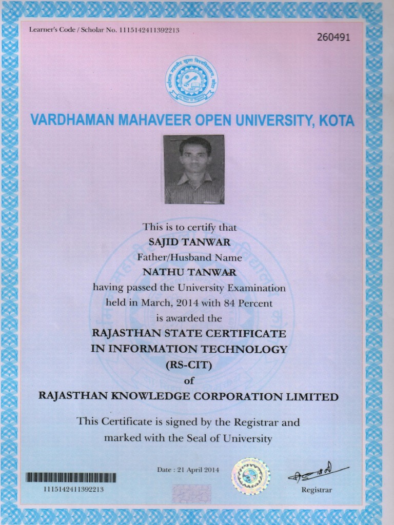 RS CIT Certificate | PDF