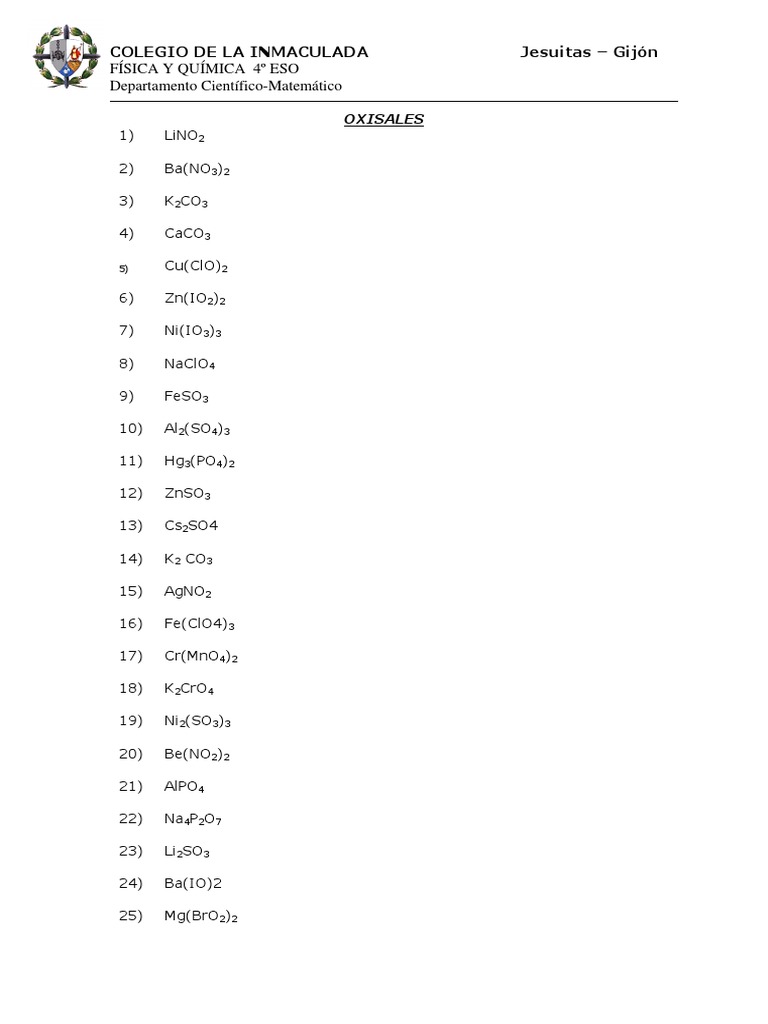 Ejercicios Formulación Oxisales | PDF