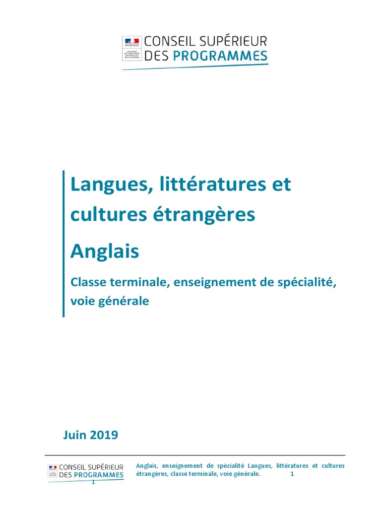 Programme Terminale Anglais Spécialité | PDF | Traductions | Romans