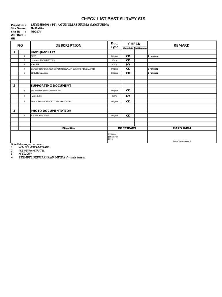 BAST Checklist SIS B2S JL. DAHLIA | PDF
