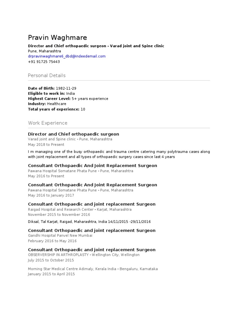 Pravin Waghmare: Personal Details | PDF | Orthopedic Surgery | Surgery