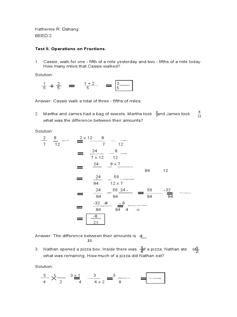 Test II. Operations On Fractions | PDF
