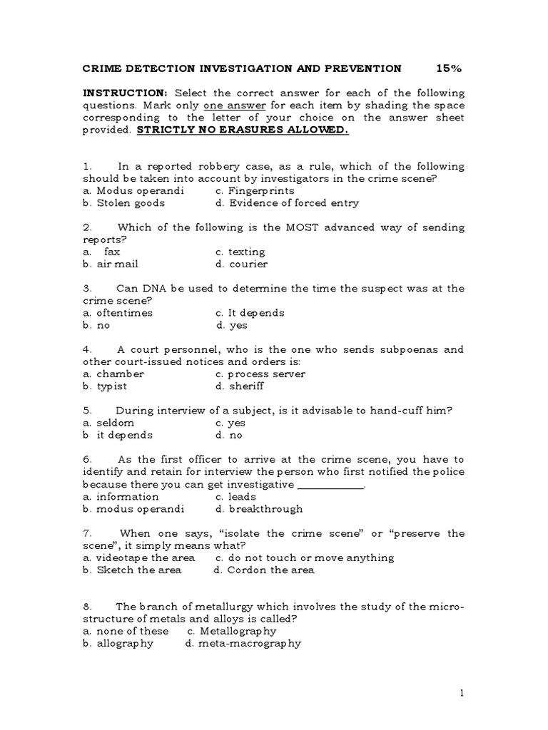 Crime Detection Investigation and Prevention 15% INSTRUCTION: Select ...
