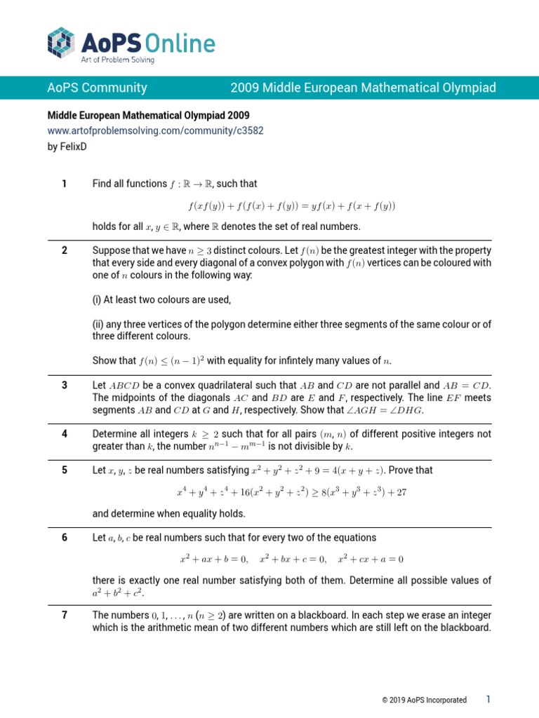 Aops Community 2009 Middle European Mathematical Olympiad | PDF ...