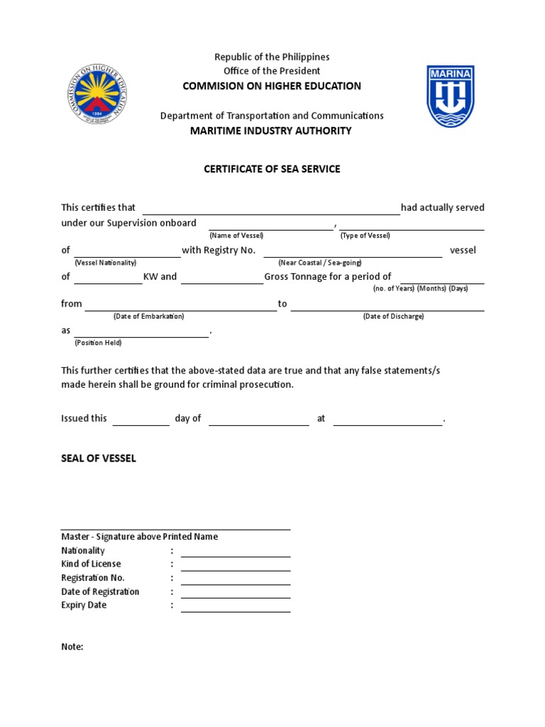 Marina Certificate of Sea Service | PDF