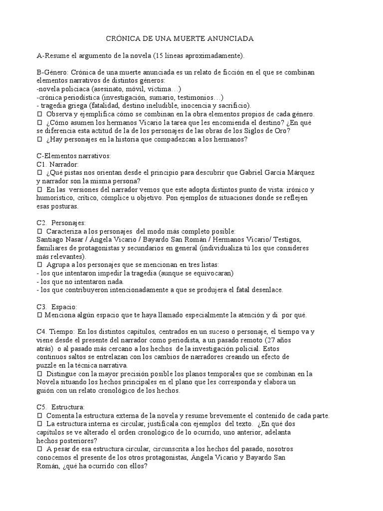 Guía Lectura Crónica de Una Muerte Anunciada | PDF | Historia | Ficción ...