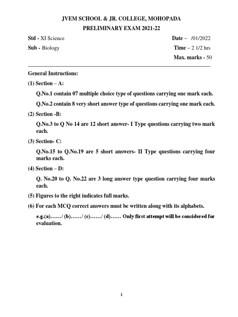 Class Eleventh 50 Marks Question Paper | PDF | Biochemistry | Organisms