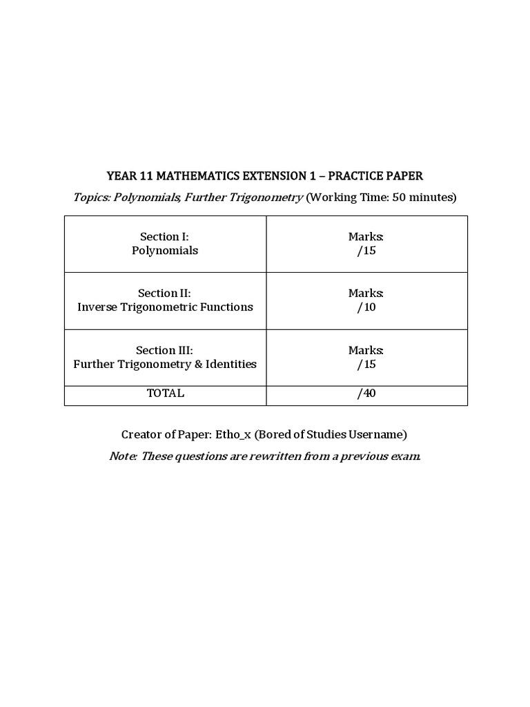 Year 11 Maths Extension 1 Practice Paper | PDF | Trigonometric ...