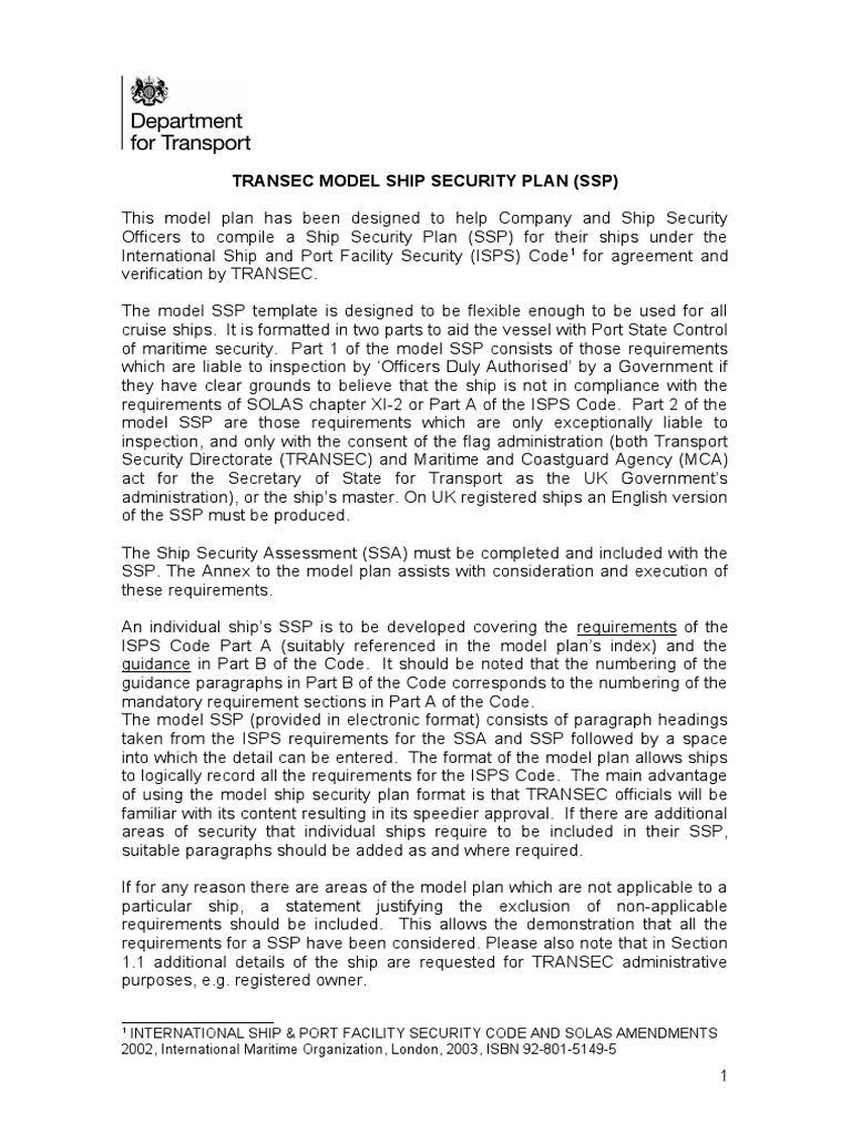 Model Ship Security Plan (SSP) Template | PDF | Safety