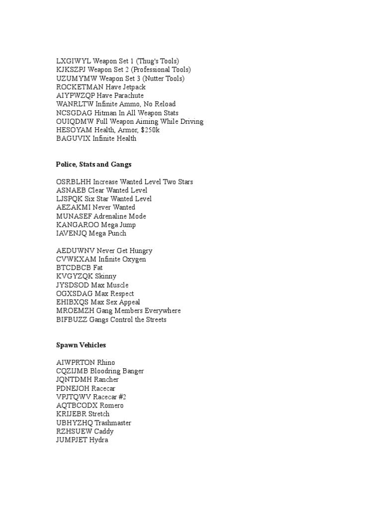 GTA Cheat Codes and Vehicle Spawns | PDF
