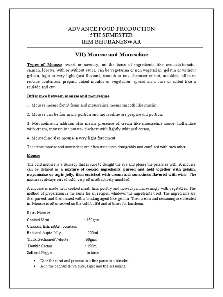 UNIT-2, 7 - Mousse and Mousseline | PDF | Gelatin | Western Cuisine